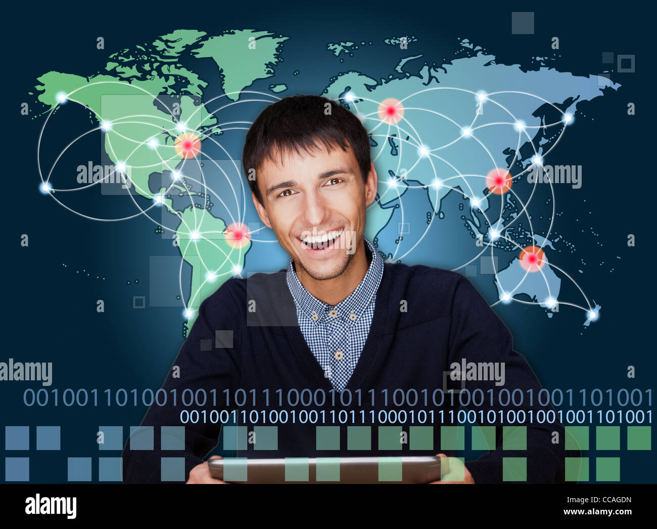 A business man is using the internet. A map of the Earth with glowing ...