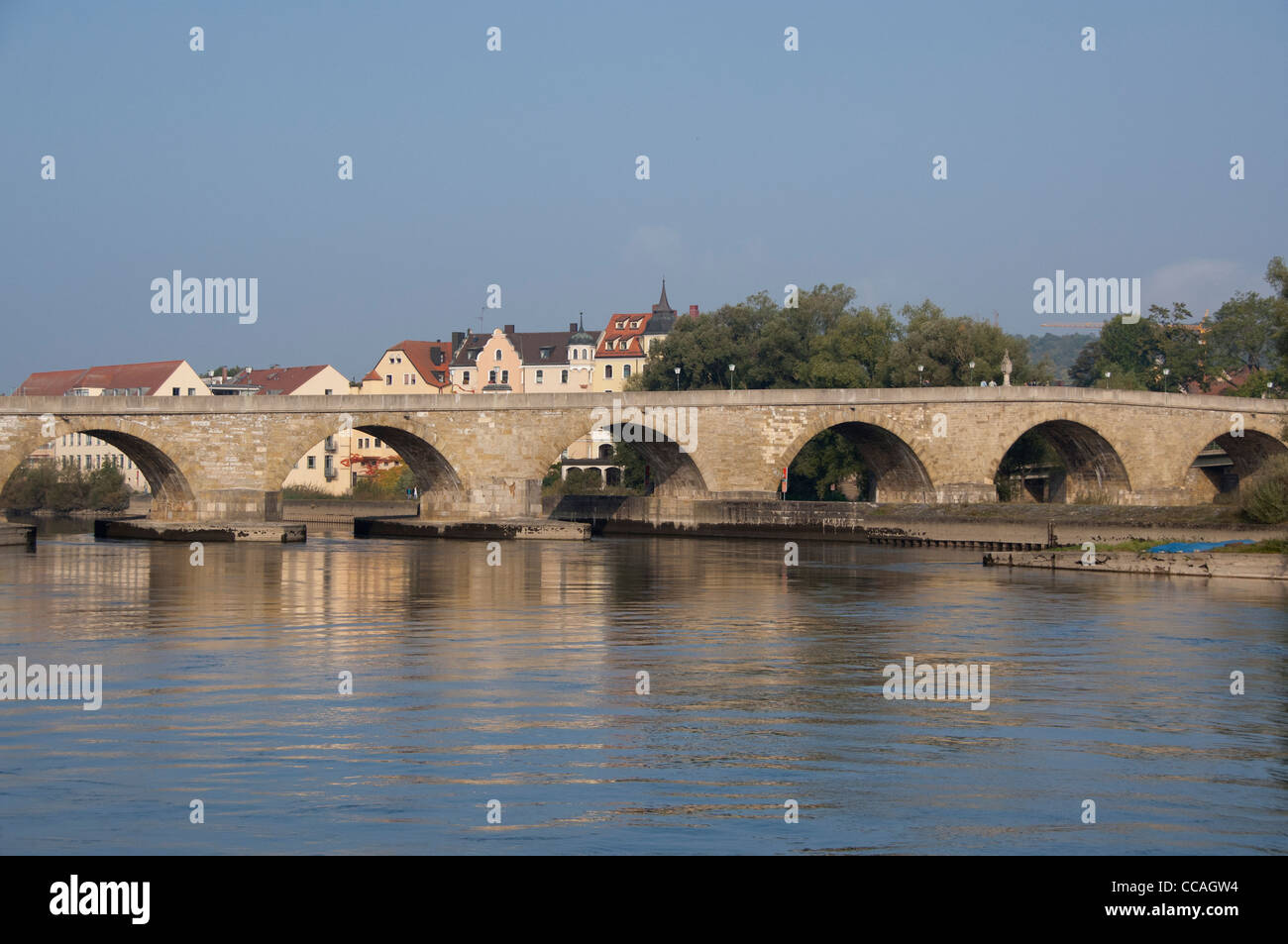 Germany, Bavaria, Regensburg. Historic 12th century Old Stone Bridge ...