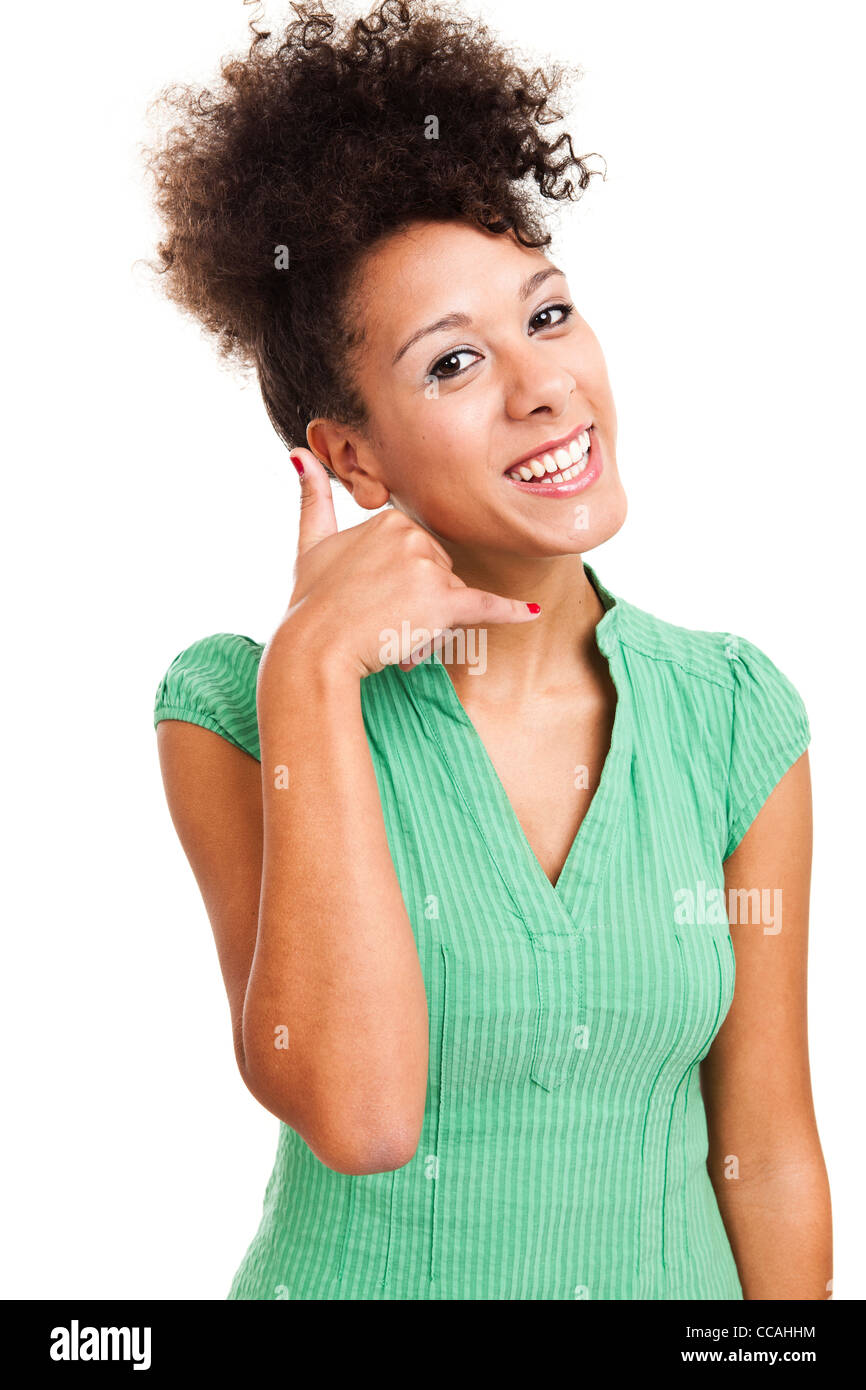 Beautiful woman making a sign for calling. Studio shot with isolated ...