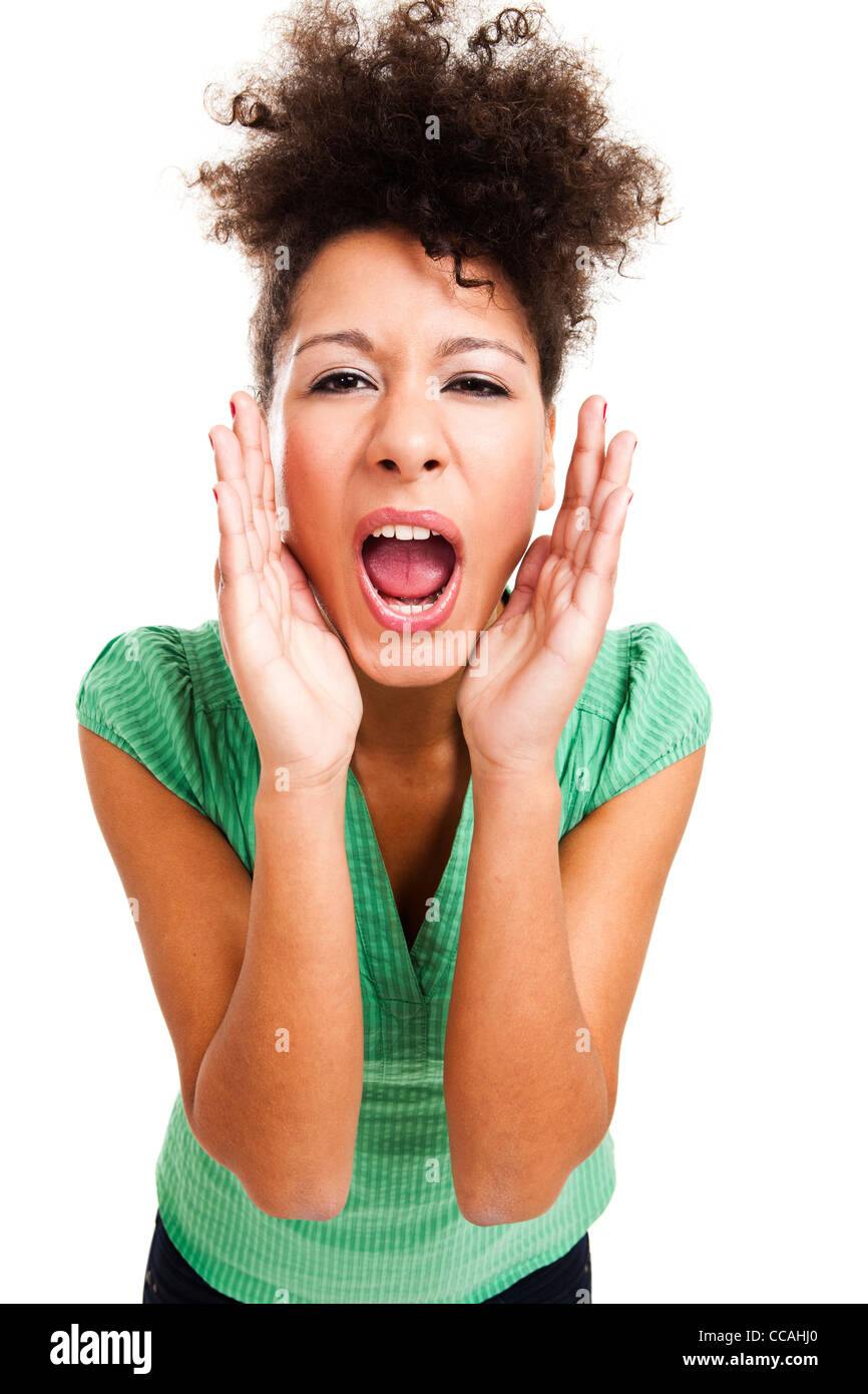 Beautiful woman shouting. Studio shot with isolated white background ...