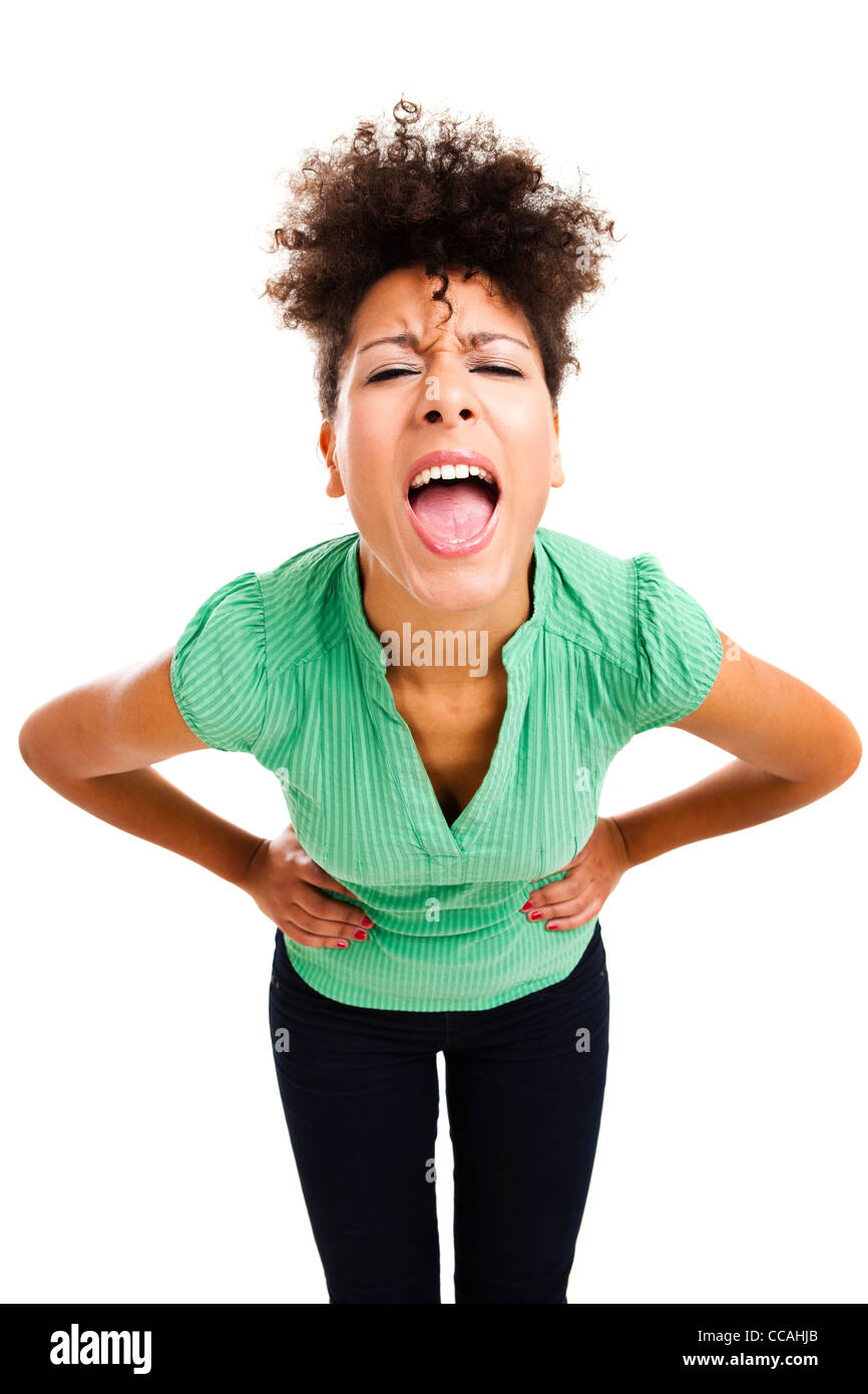 Beautiful woman shouting. Studio shot with isolated white background ...