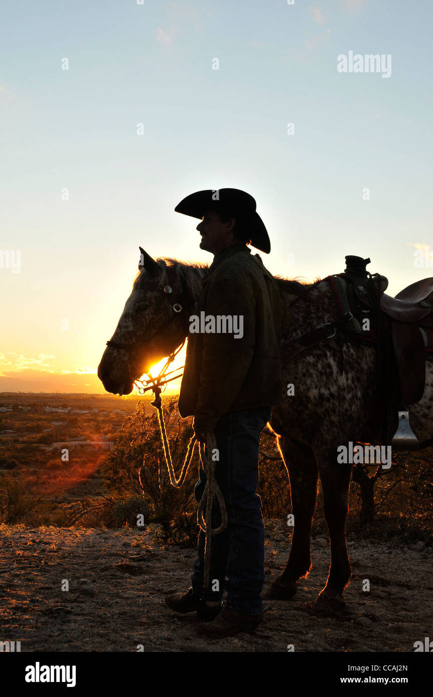 Riders and their horses take in the sunset in the Sonoran Desert ...
