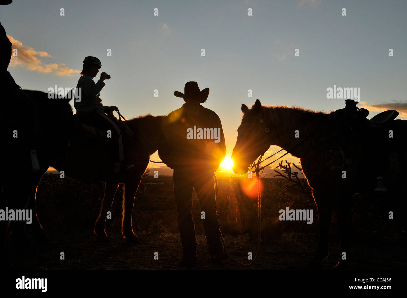 Riders and their horses take in the sunset in the Sonoran Desert ...