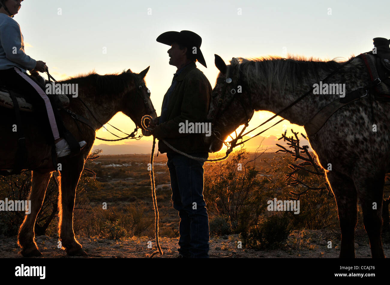 Riders and their horses take in the sunset in the Sonoran Desert ...
