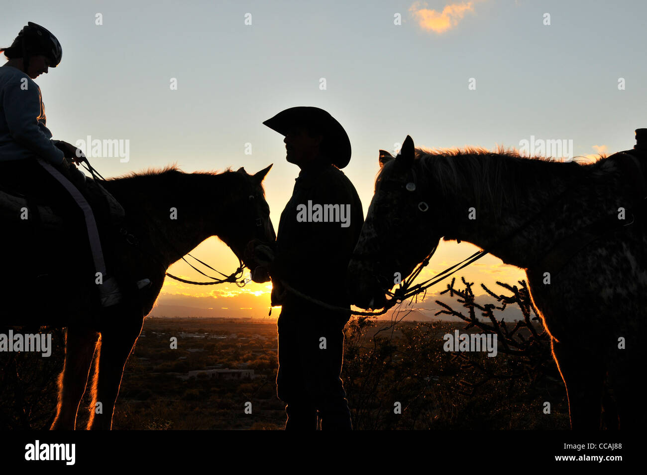 Riders and their horses take in the sunset in the Sonoran Desert ...