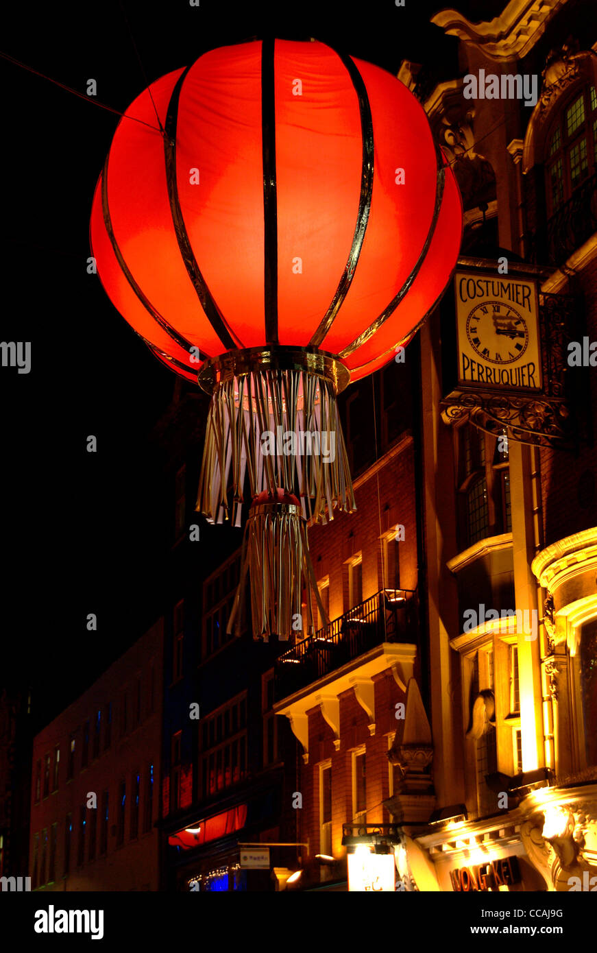 Chinese lantern street decoration, in London's Chinatown, seen at night ...