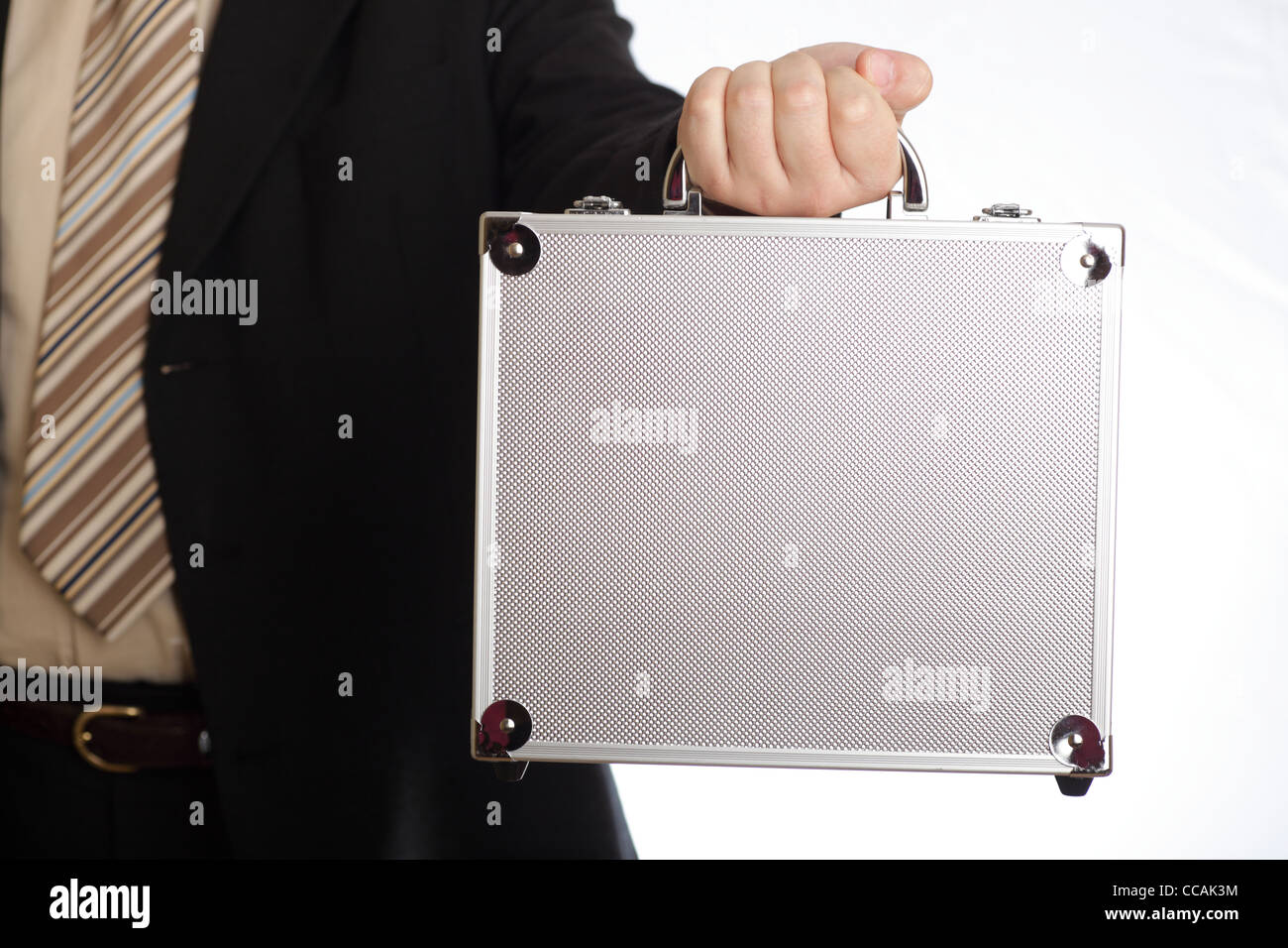 silver case in man hand - isolated on white Stock Photo - Alamy
