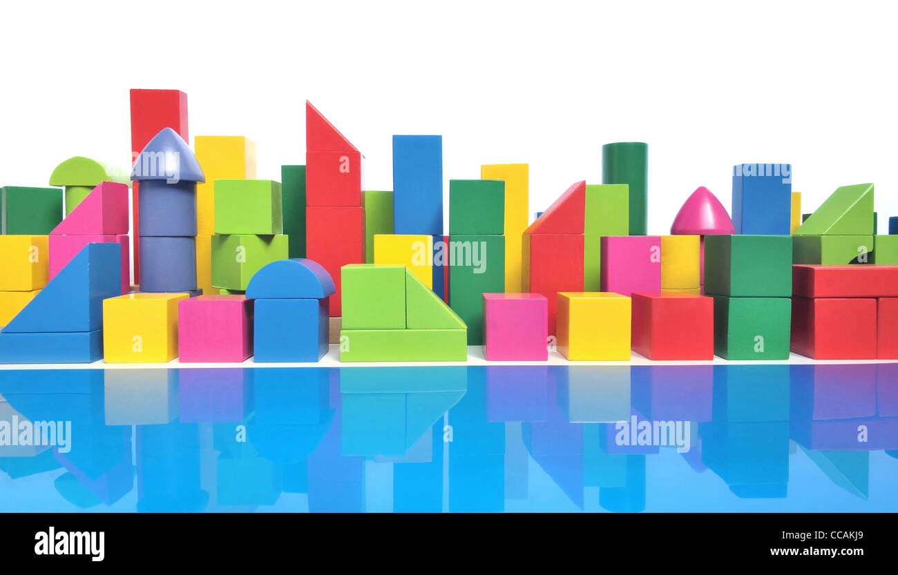 Urban city skyline with multicolored toy blocks on white background ...