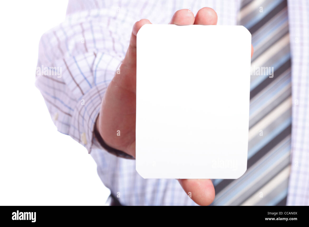 Business man handing a blank card isolated over white background Stock ...