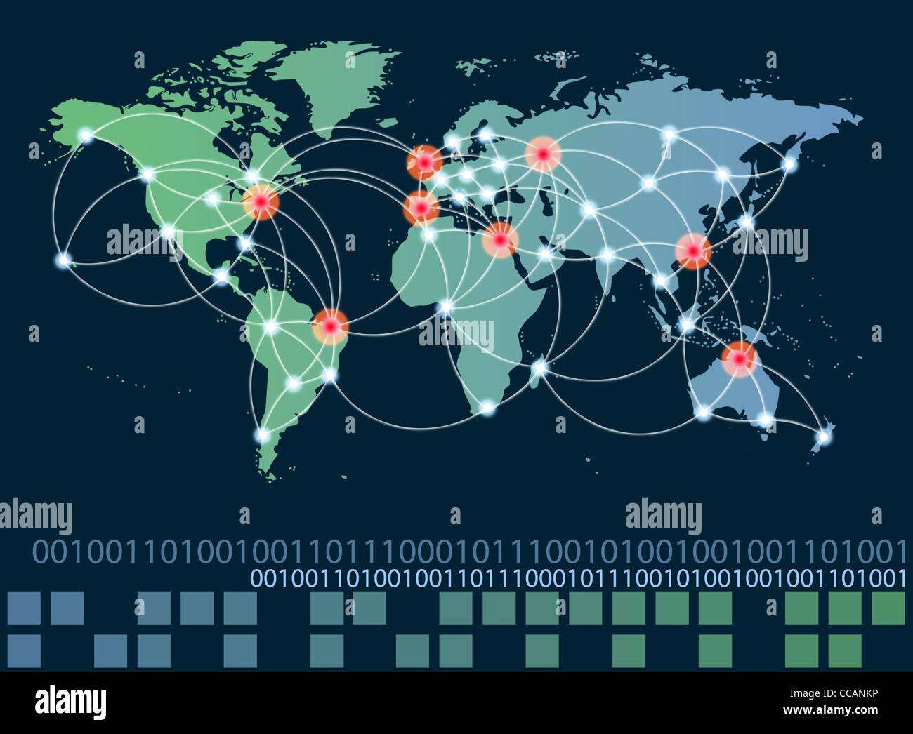 World map with hot points of connections network and servers locations ...