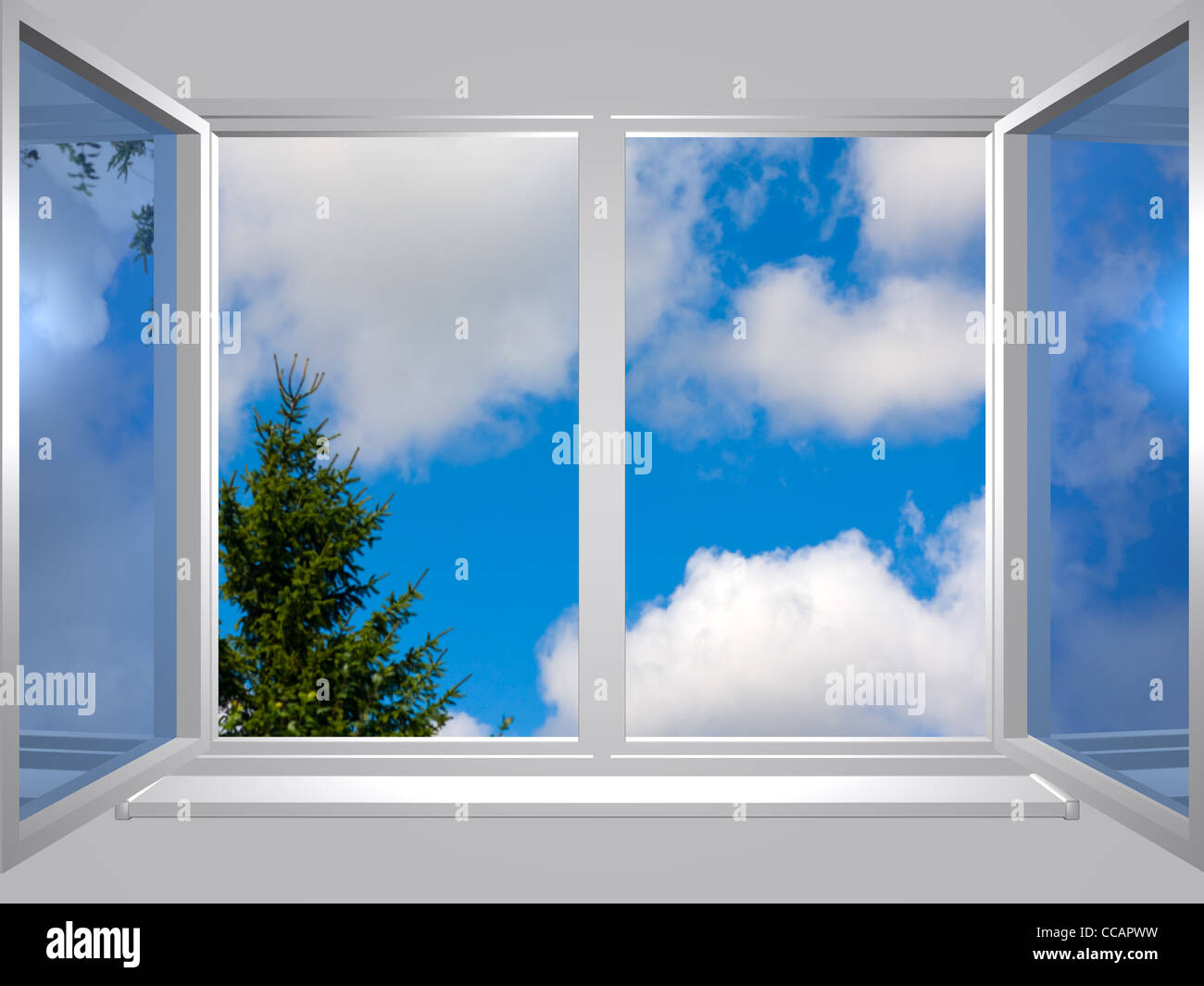 3d series: view from the window of blu sky and tree Stock Photo - Alamy