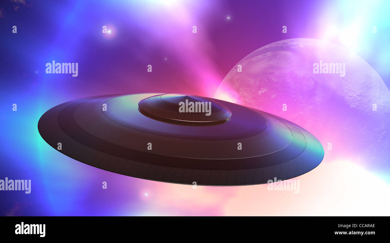 Flying saucer flying in space Stock Photo - Alamy