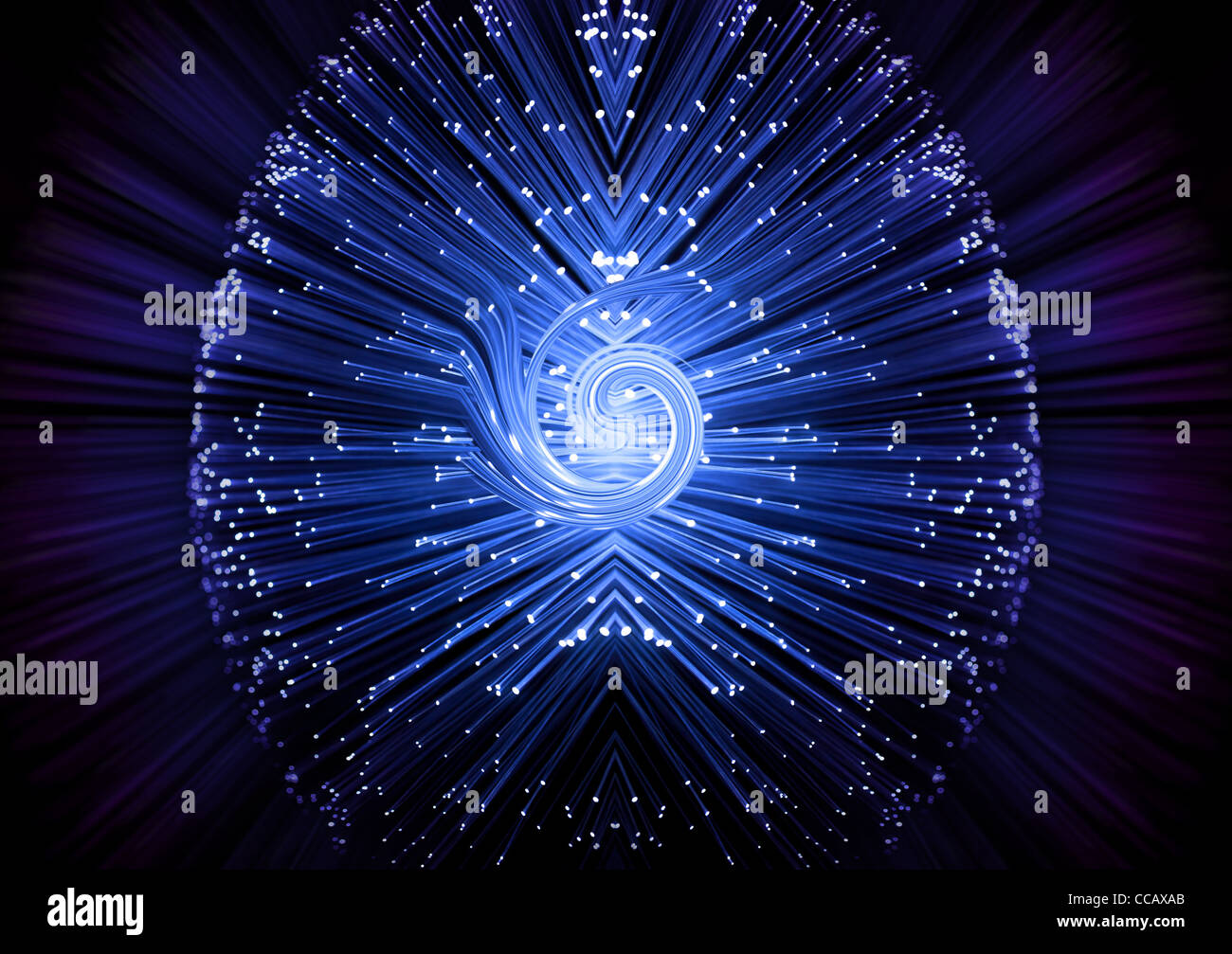 Many illuminated blue fiber optics strands with central swirl and dark ...