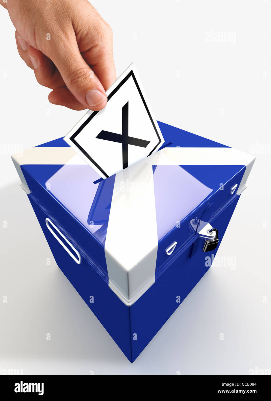 Male hand placing voting slip into St Andrews Scottish ballot box Stock ...