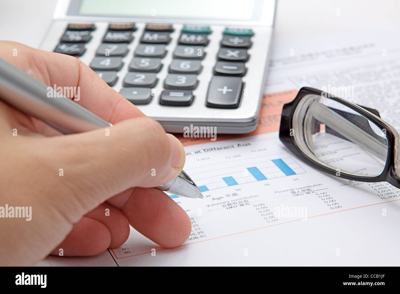 Stock chart with calculator,pen and eyeglasses Stock Photo - Alamy