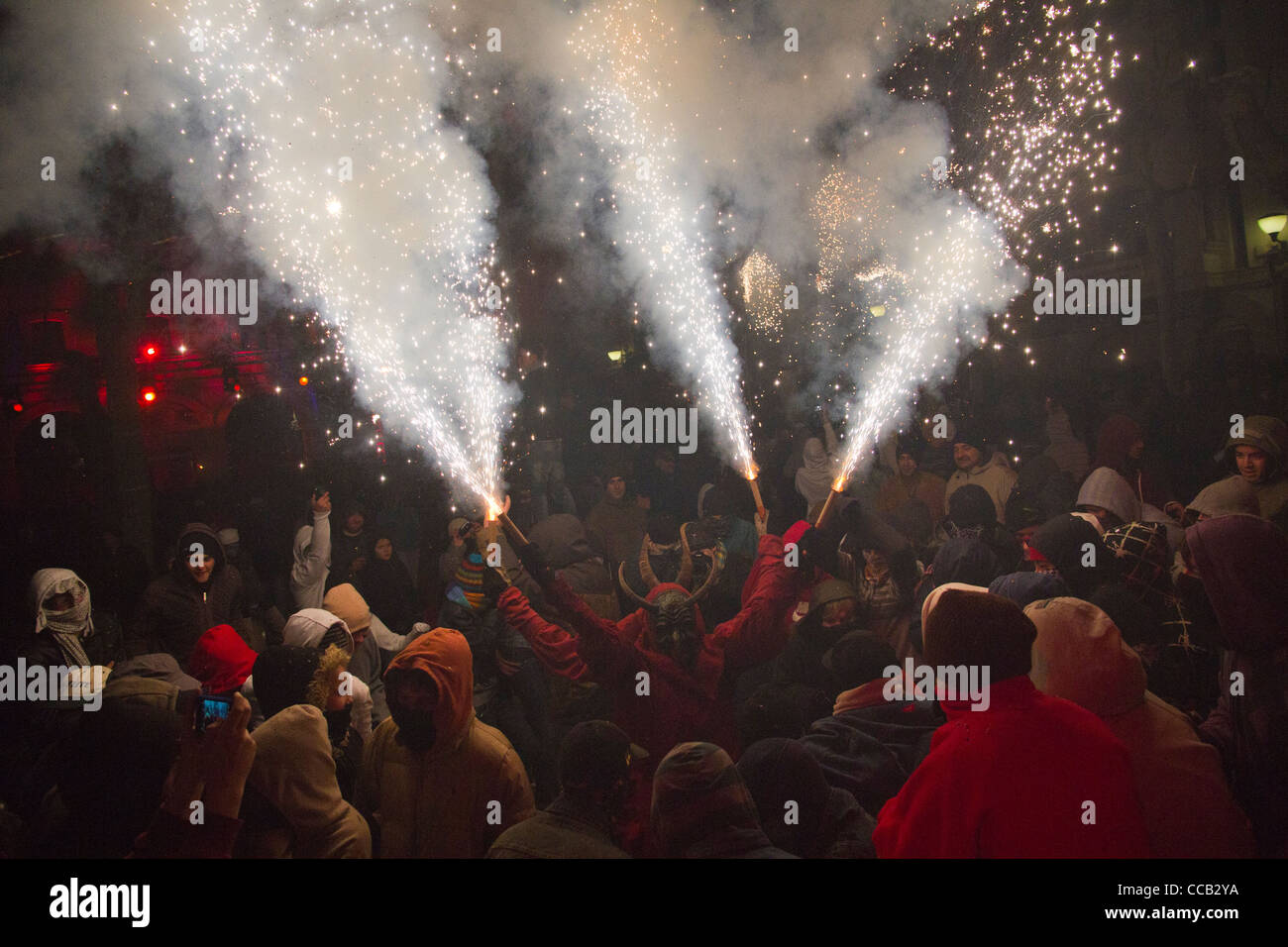 Correfoc devils fireworks celebration during Fiesta Sant Antoni Sa Pobla Majorca Mallorca ...