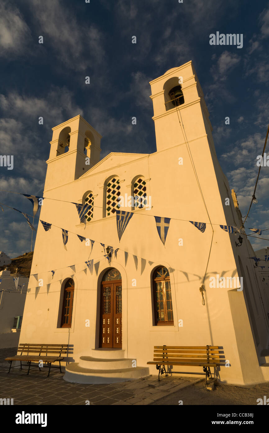 Sunset light on the old Plaka village church, Milos Island, Greece ...
