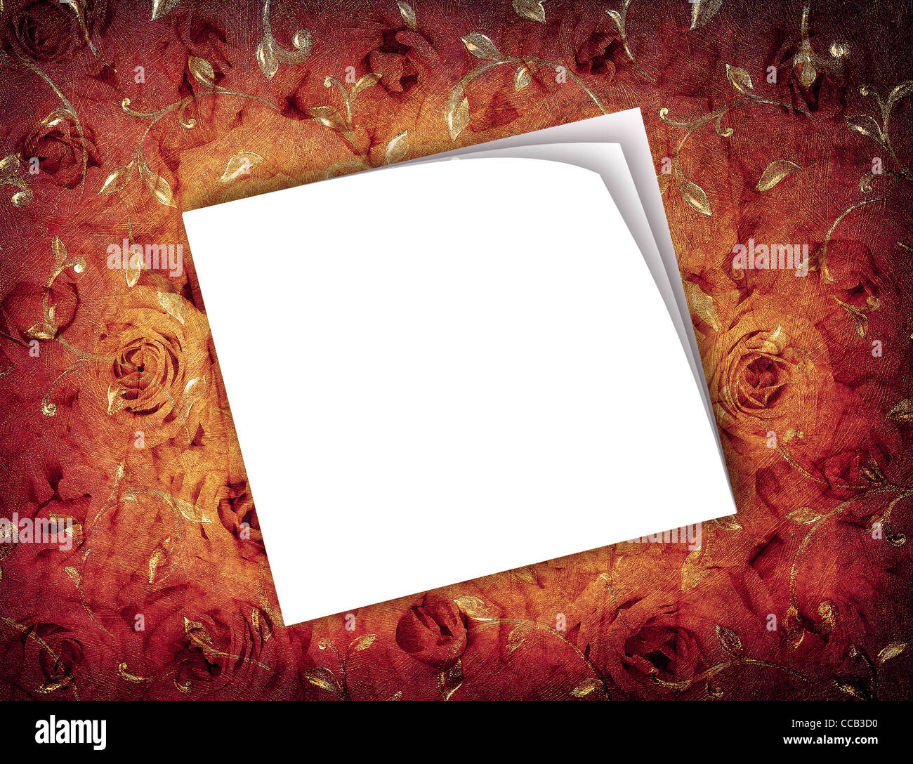 Grunge roses background, vintage old wallpaper with blank card, white ...
