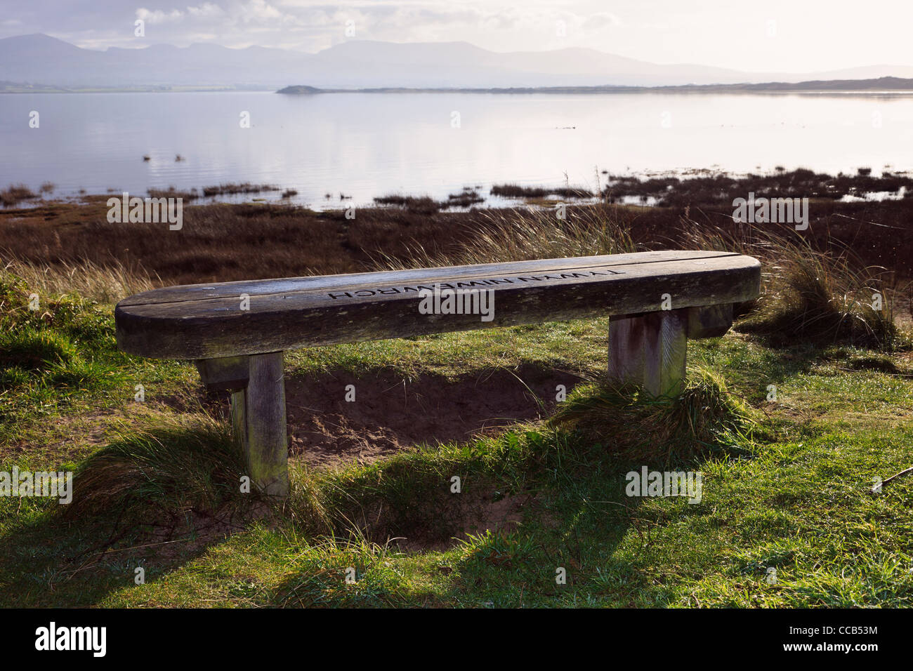 Bench seat in Tywyn Niwbwrch Nature Reserve overlooking Traeth ...