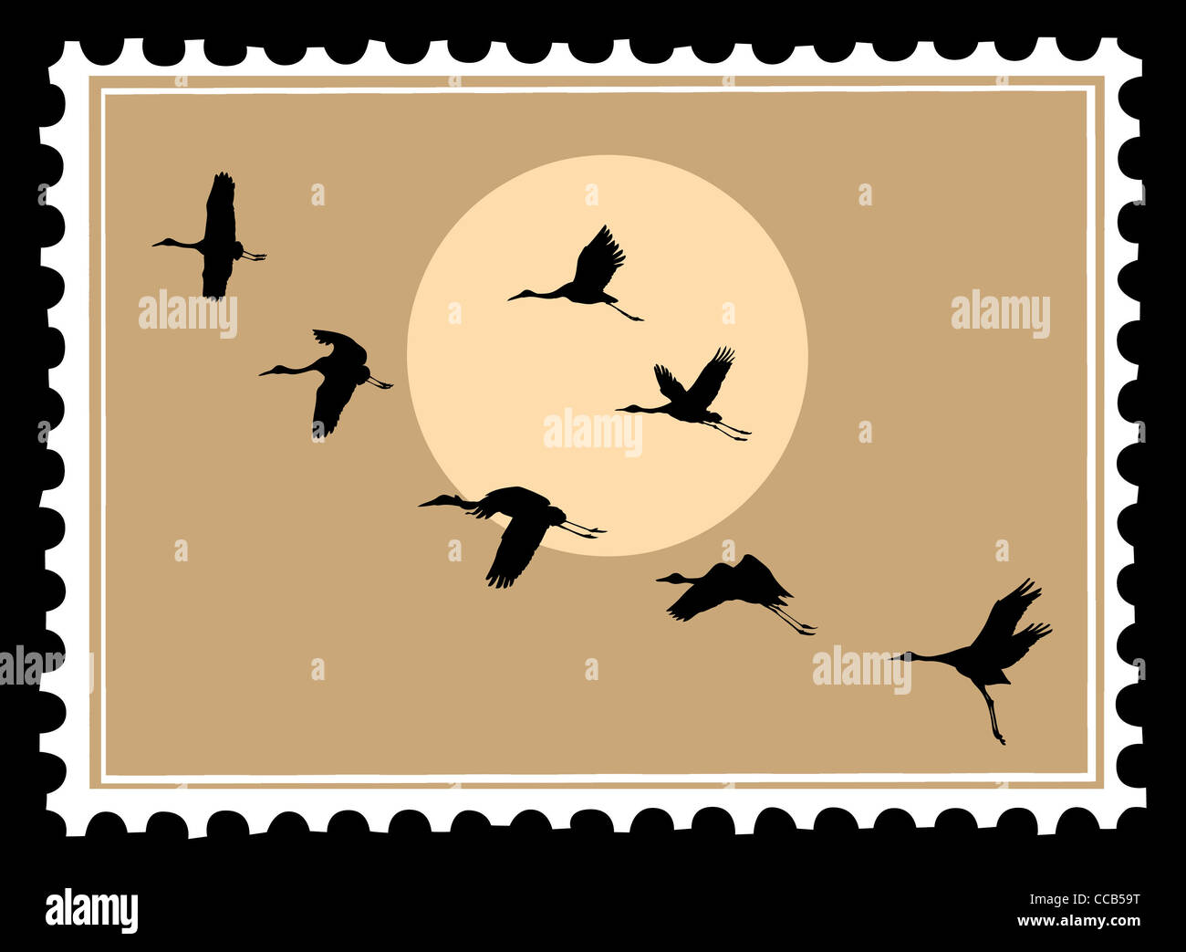 vector silhouette flying cranes on postage stamps Stock Photo - Alamy