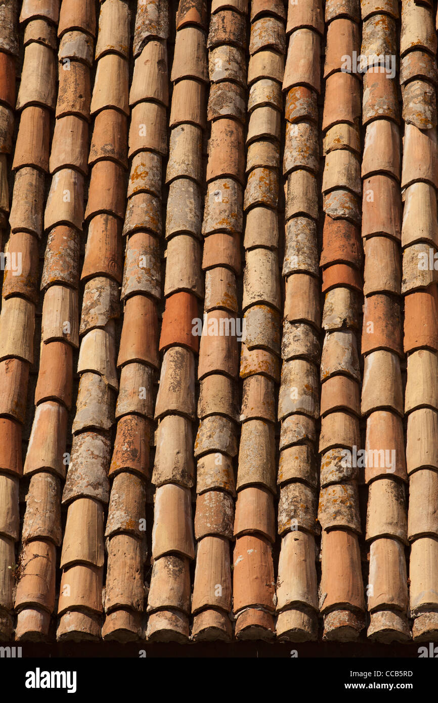Traditional clay tiles on the roofs of houses in Bolsena, Italy Stock ...
