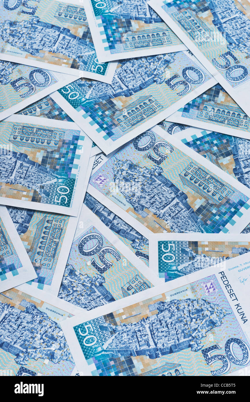 50 kuna banknotes. On the back of the banknote is the city view of ...