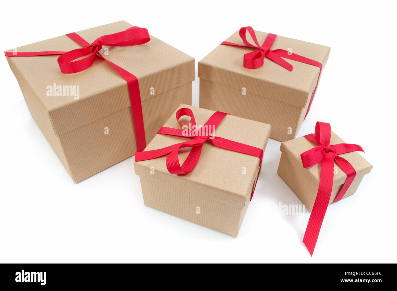 Collection of different sized gift boxes tied with ribbon bows Stock ...