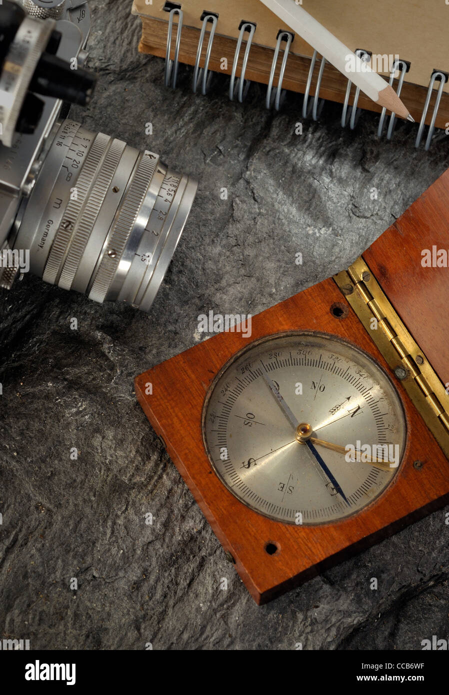 compass and some climbing and adventure equipments on the rock Stock ...