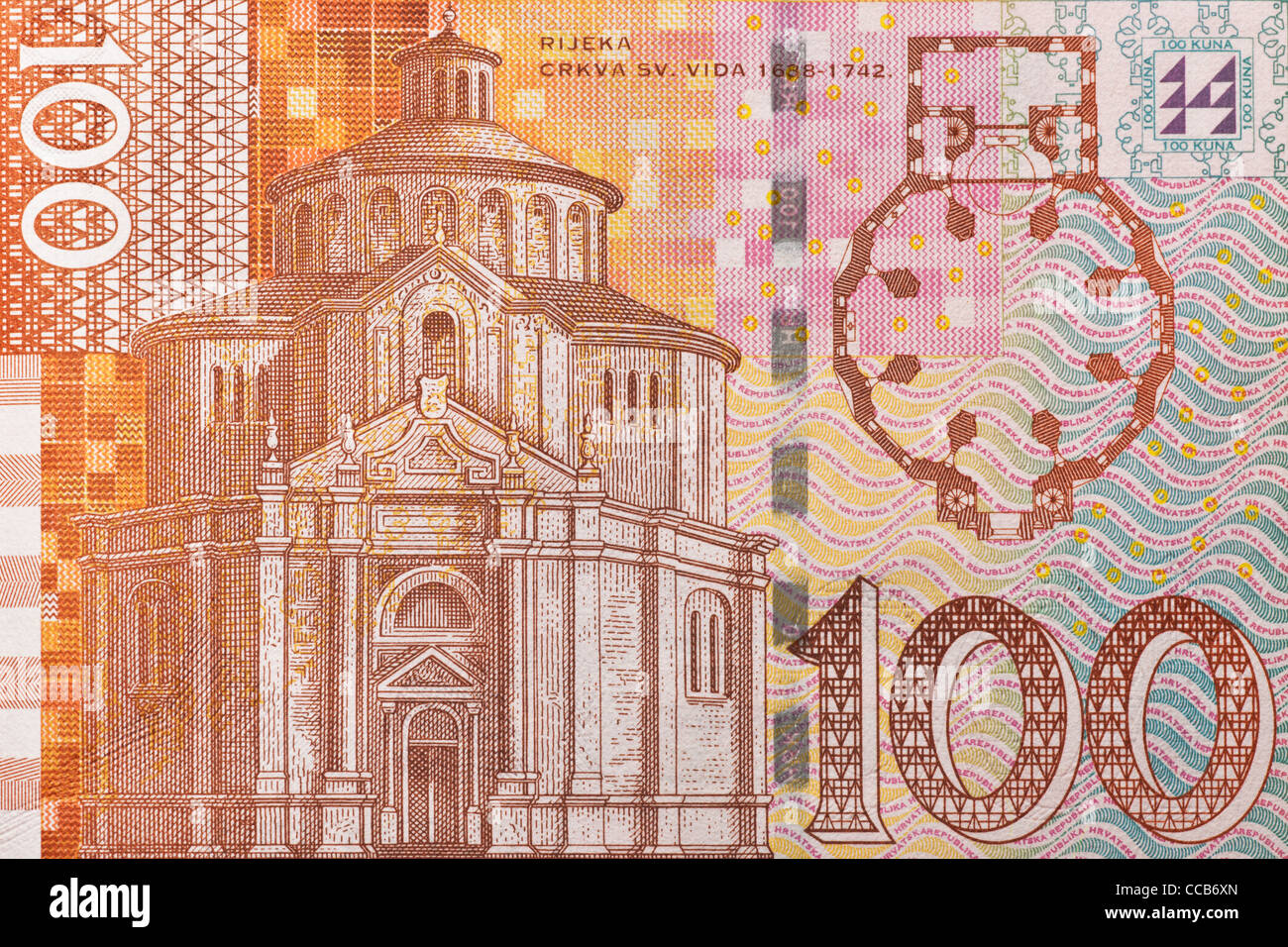 100 kuna banknote. On the back of the banknote is the view of the ...