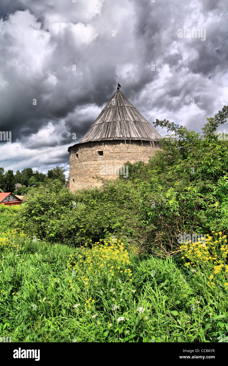 tower to old fortress amongst green tree Stock Photo - Alamy