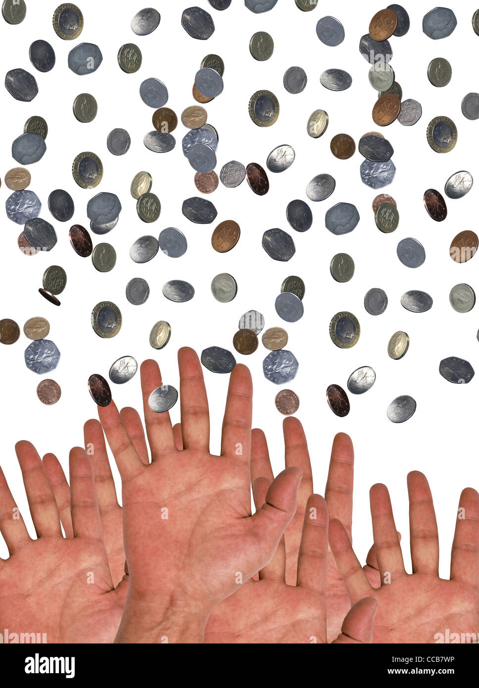 Hands reaching up to falling coins Stock Photo - Alamy
