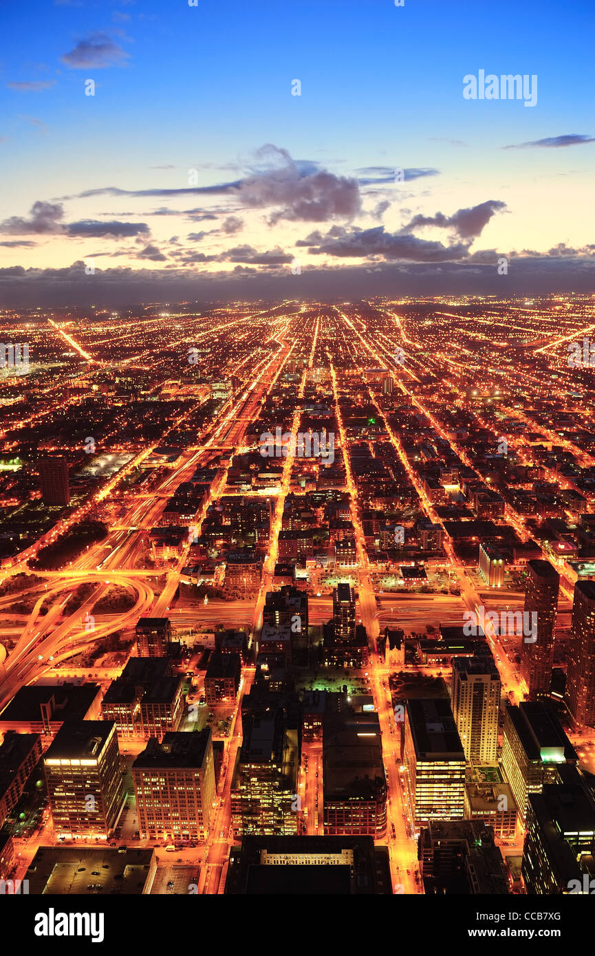 Chicago downtown aerial panorama view at dusk with skyscrapers and city ...