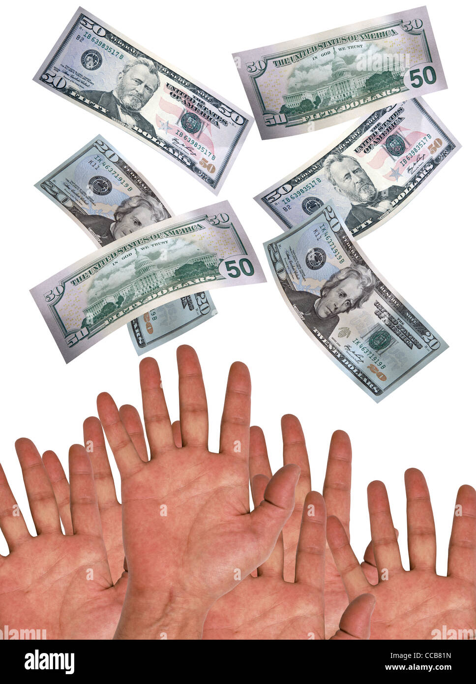 Hands reaching for floating dollar notes Stock Photo - Alamy