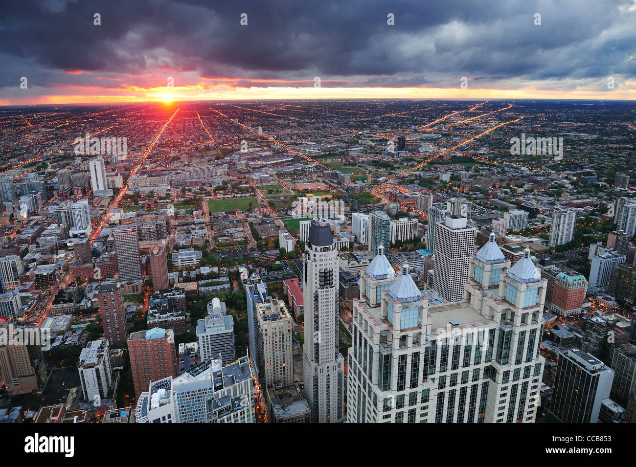 Chicago skyline panorama aerial view with skyscrapers and cloudy sky at ...