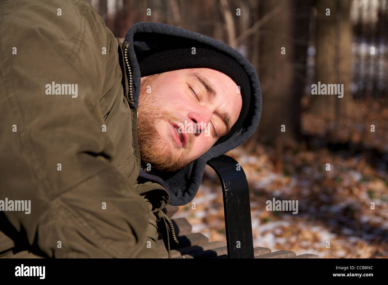 Homeless man sleeping on park bench on cold winter day Stock Photo - Alamy