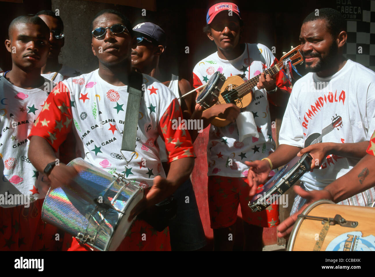Salvador, Brazil. Group of musicians on the street during carnival with ...