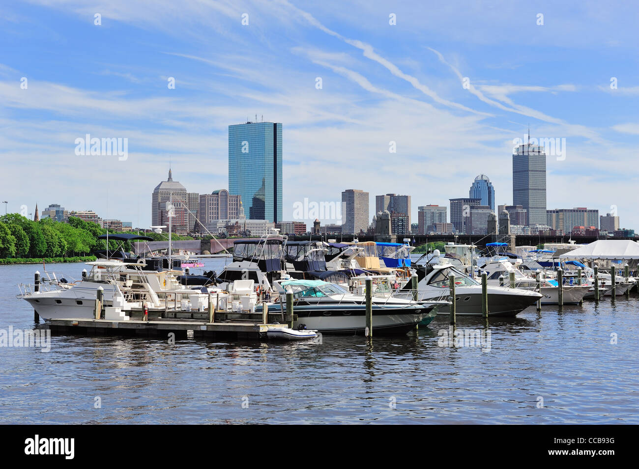 Boston skyline panorama over Charles River with boat and urban ...