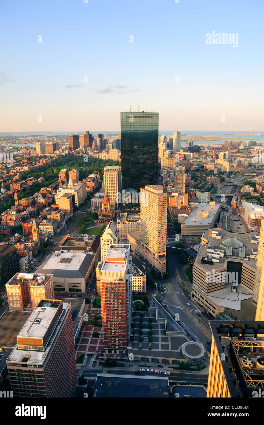 Urban city aerial view. Boston aerial view with skyscrapers at sunset ...