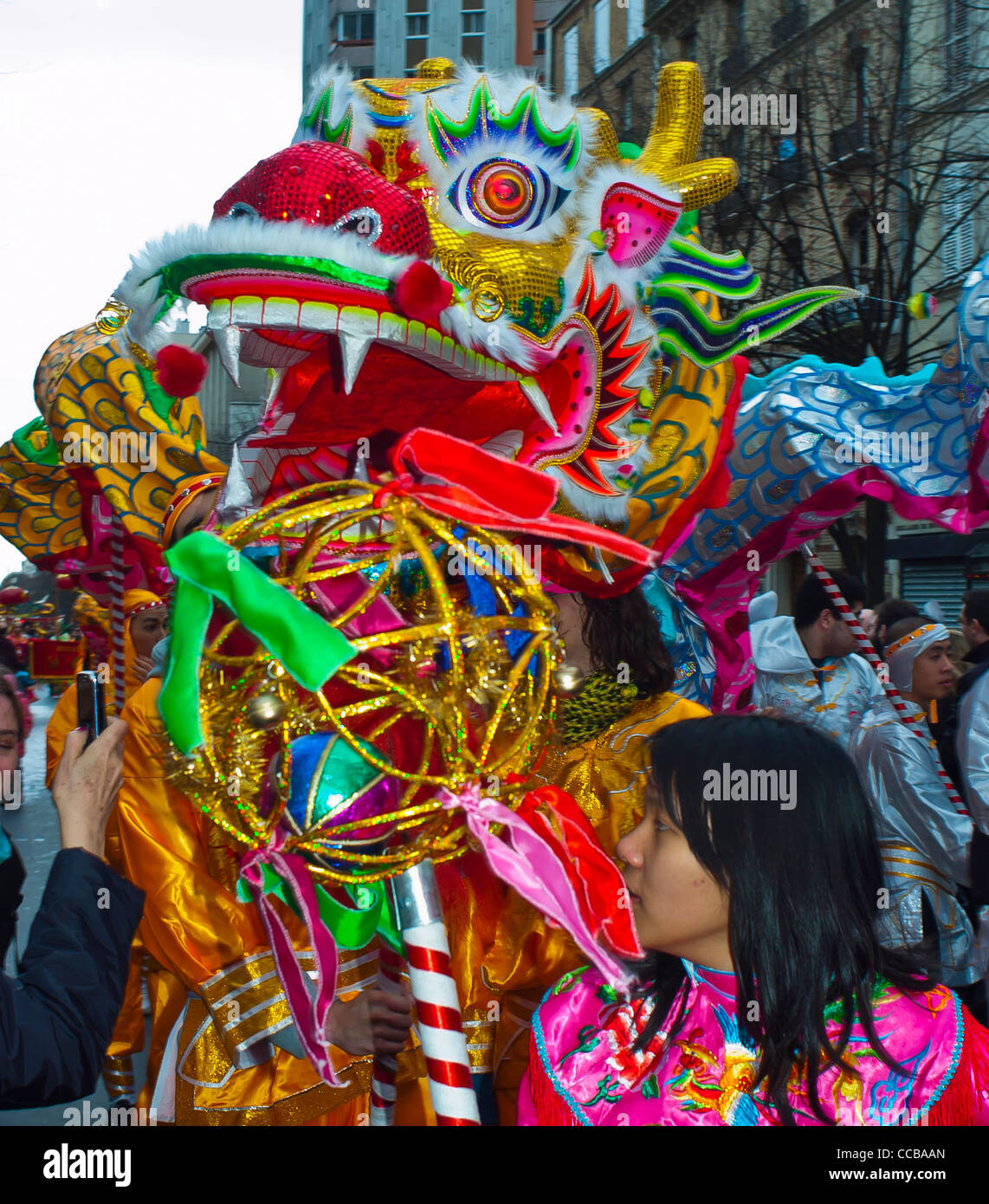 Crowd People, Chinese in Traditional Dragon Costumes, Dancing in ...