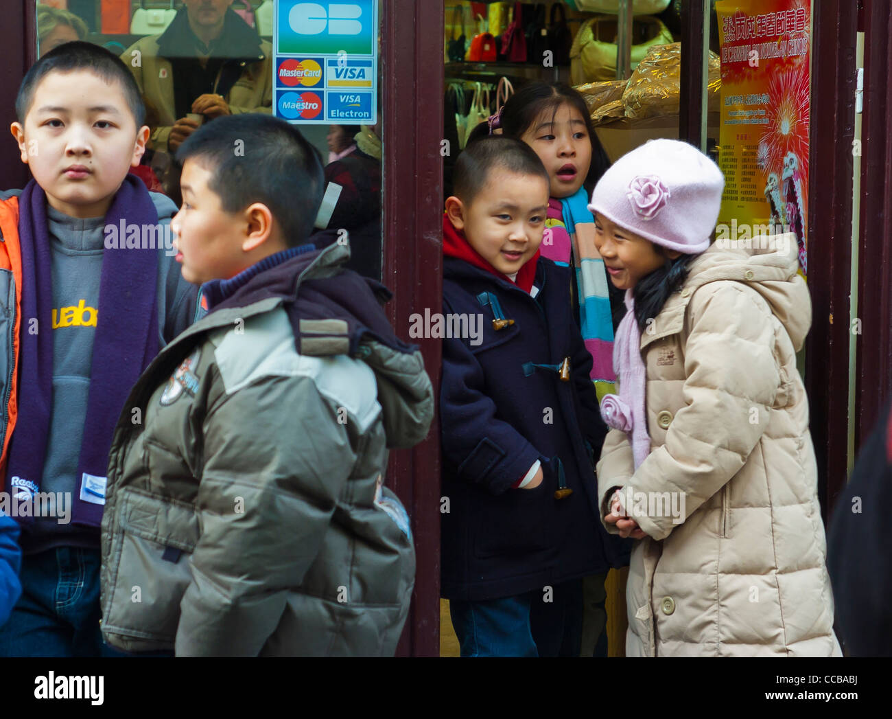 Paris, France, Chinese Family, Group Young Children, Friends, Watching ...
