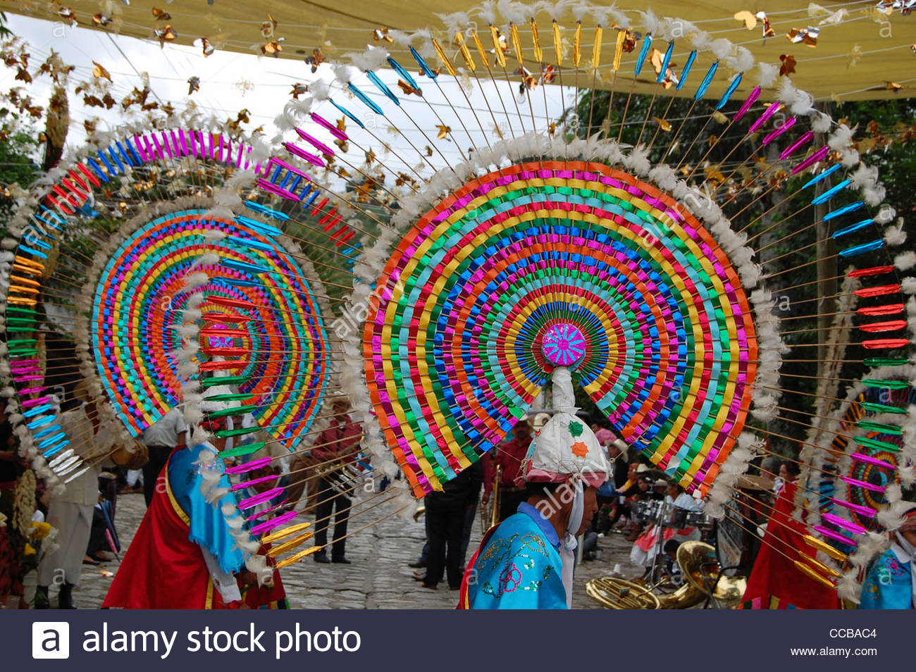 Indigenous Mexican Nahua dancers Cuetzalan Mexico with panachos or ...