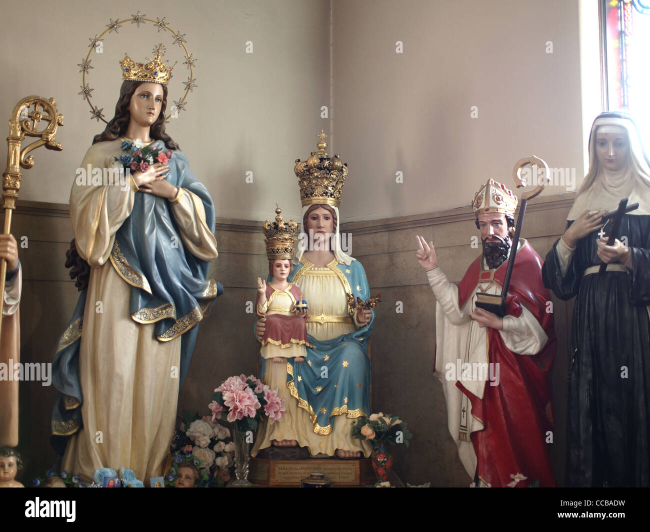 Statures of saints in shrine room of Catholic Church, Our Lady of Mount ...