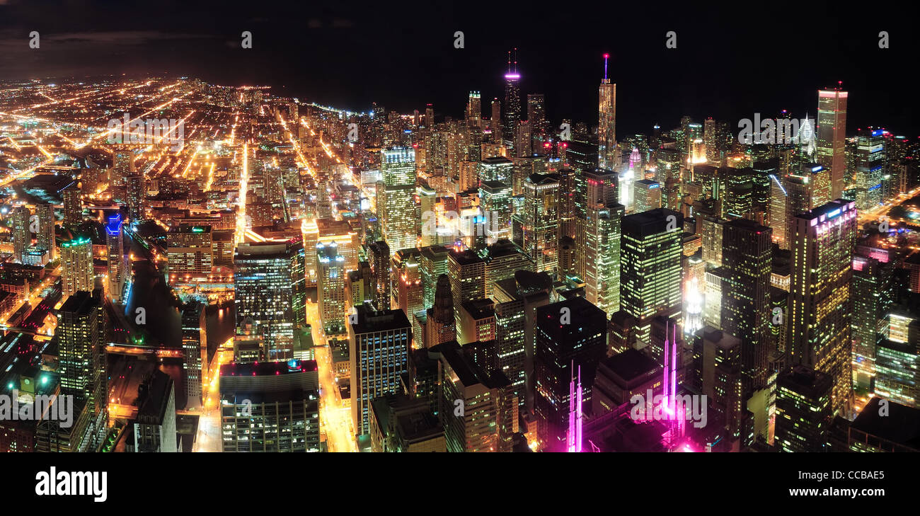 Chicago downtown aerial panorama view at night with skyscrapers and ...
