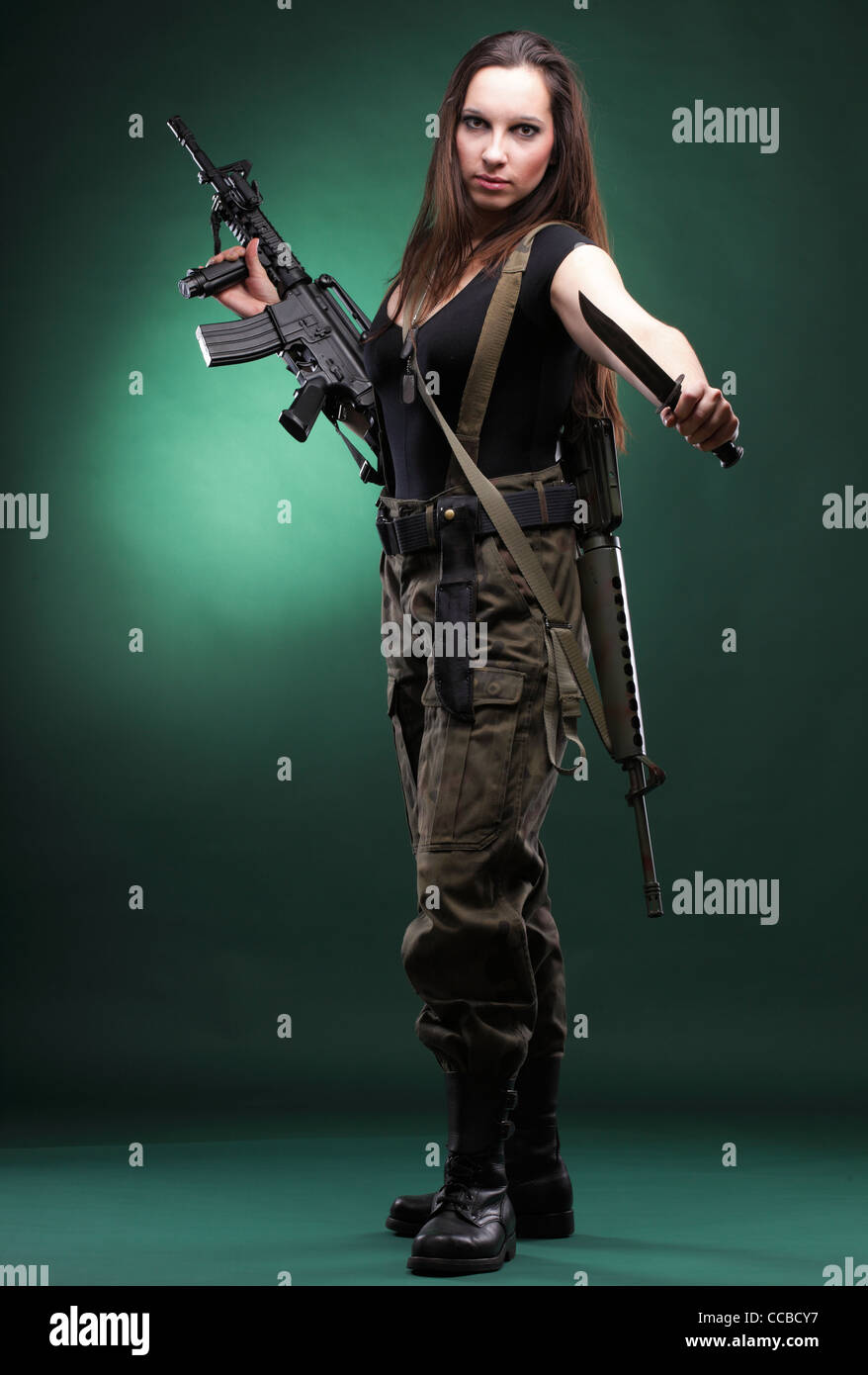 Beautiful woman with rifle plastic Military Army girl Holding Gun green ...