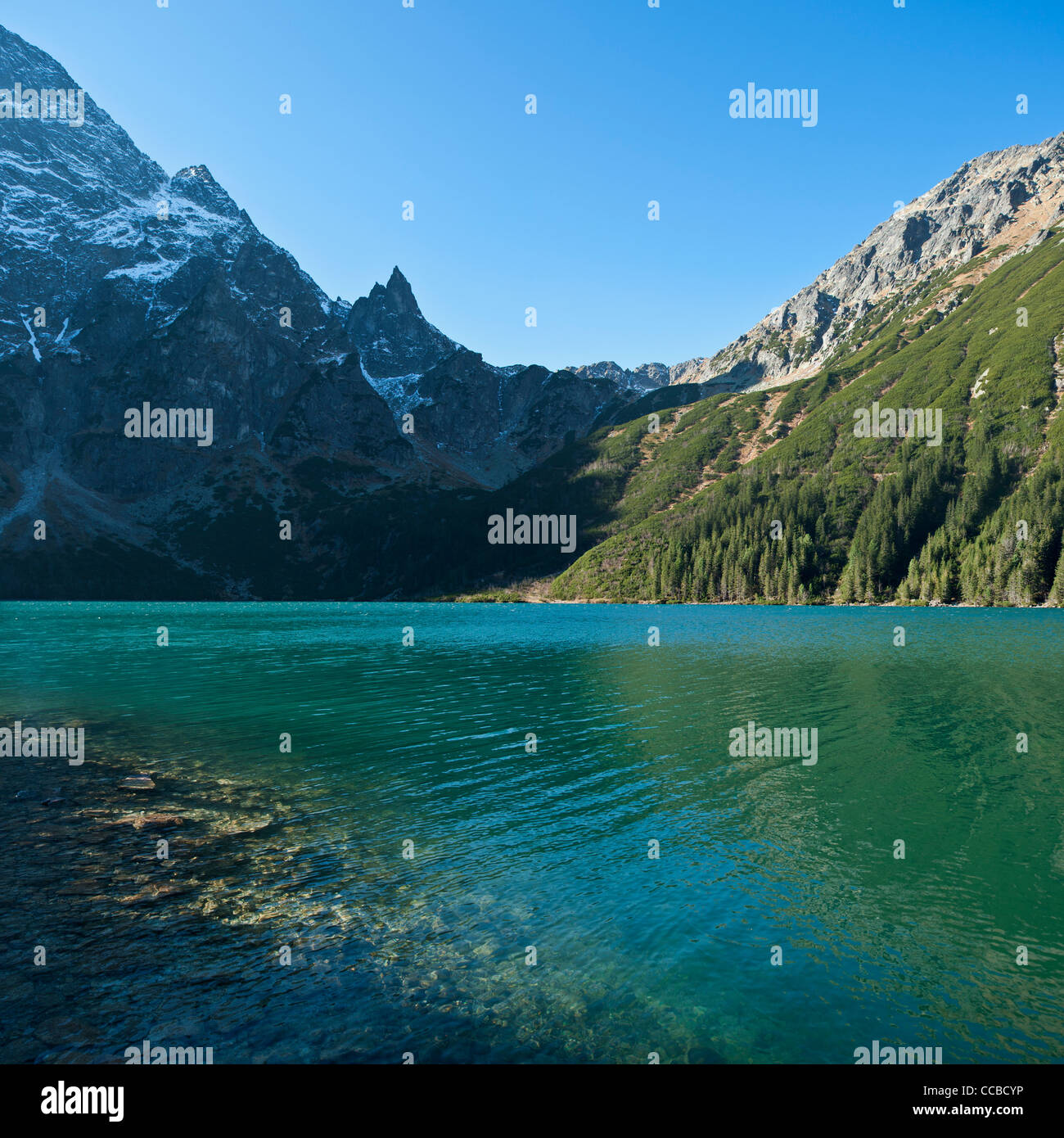 Colorful water of Morskie Oko lake, Tatra mountains, Poland Stock Photo ...