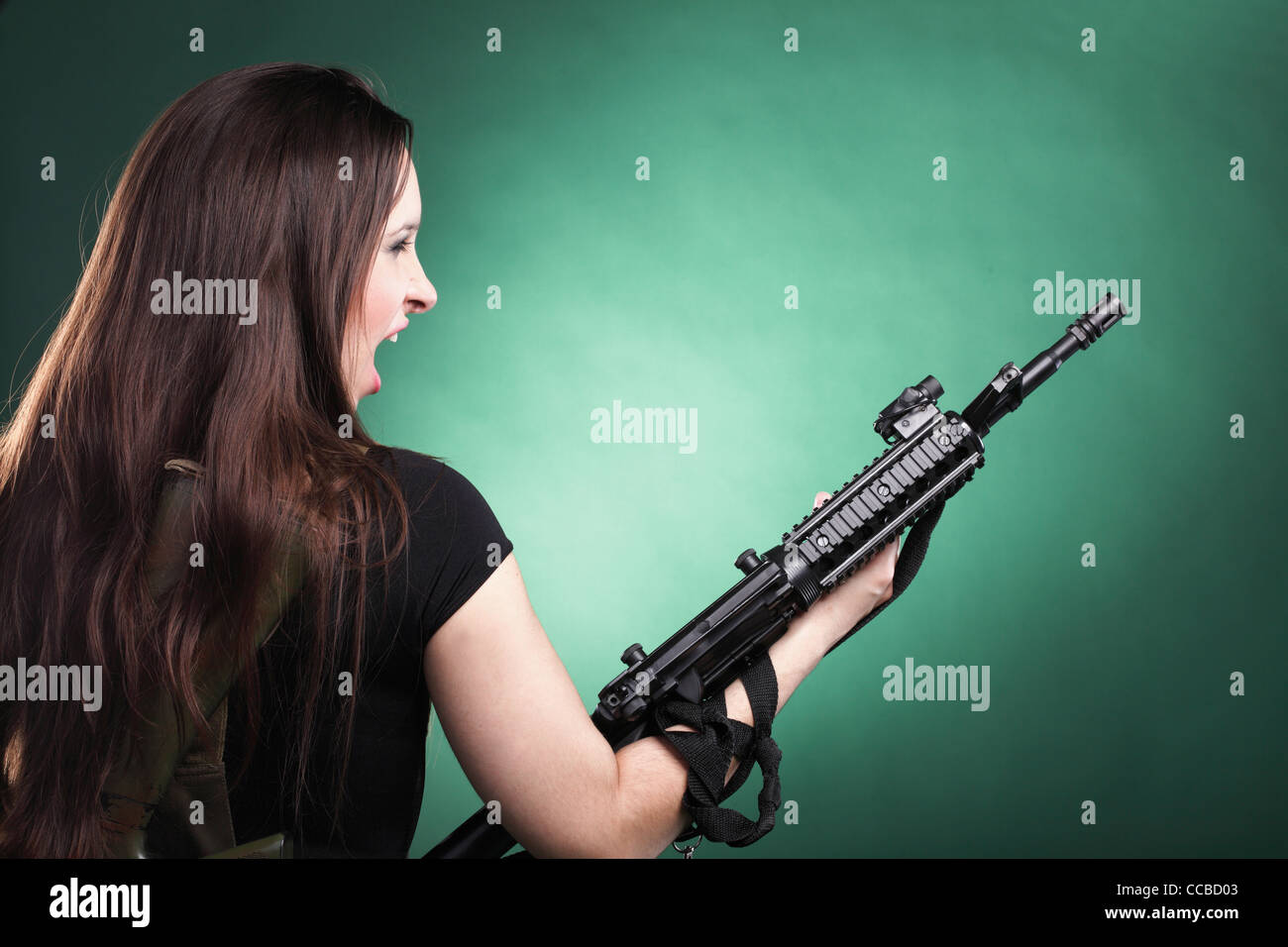 Beautiful woman with rifle plastic Military Army girl Holding Gun green ...