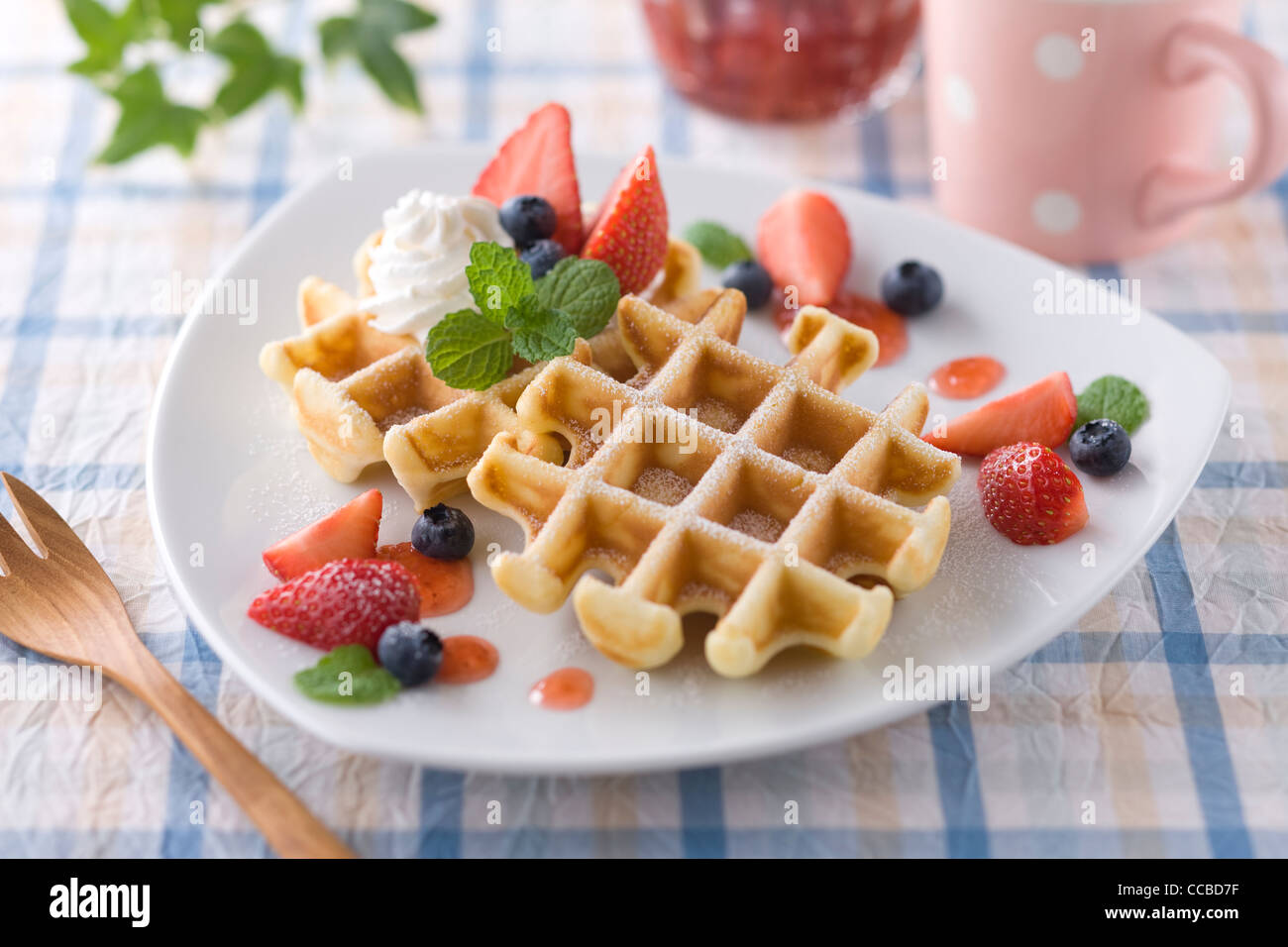 Belgian Waffle and Fruits Stock Photo - Alamy