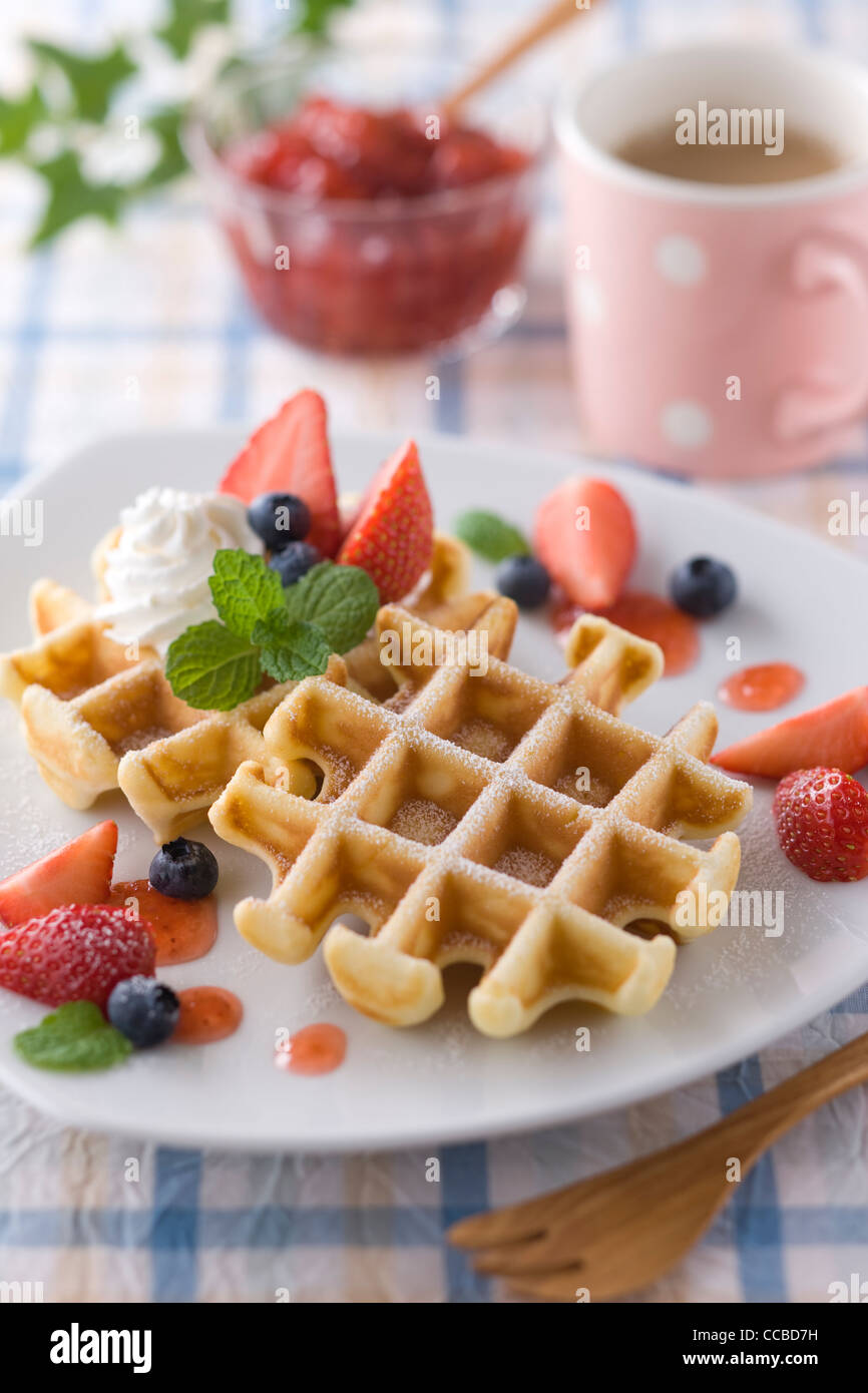 Belgian Waffle and Fruits Stock Photo - Alamy
