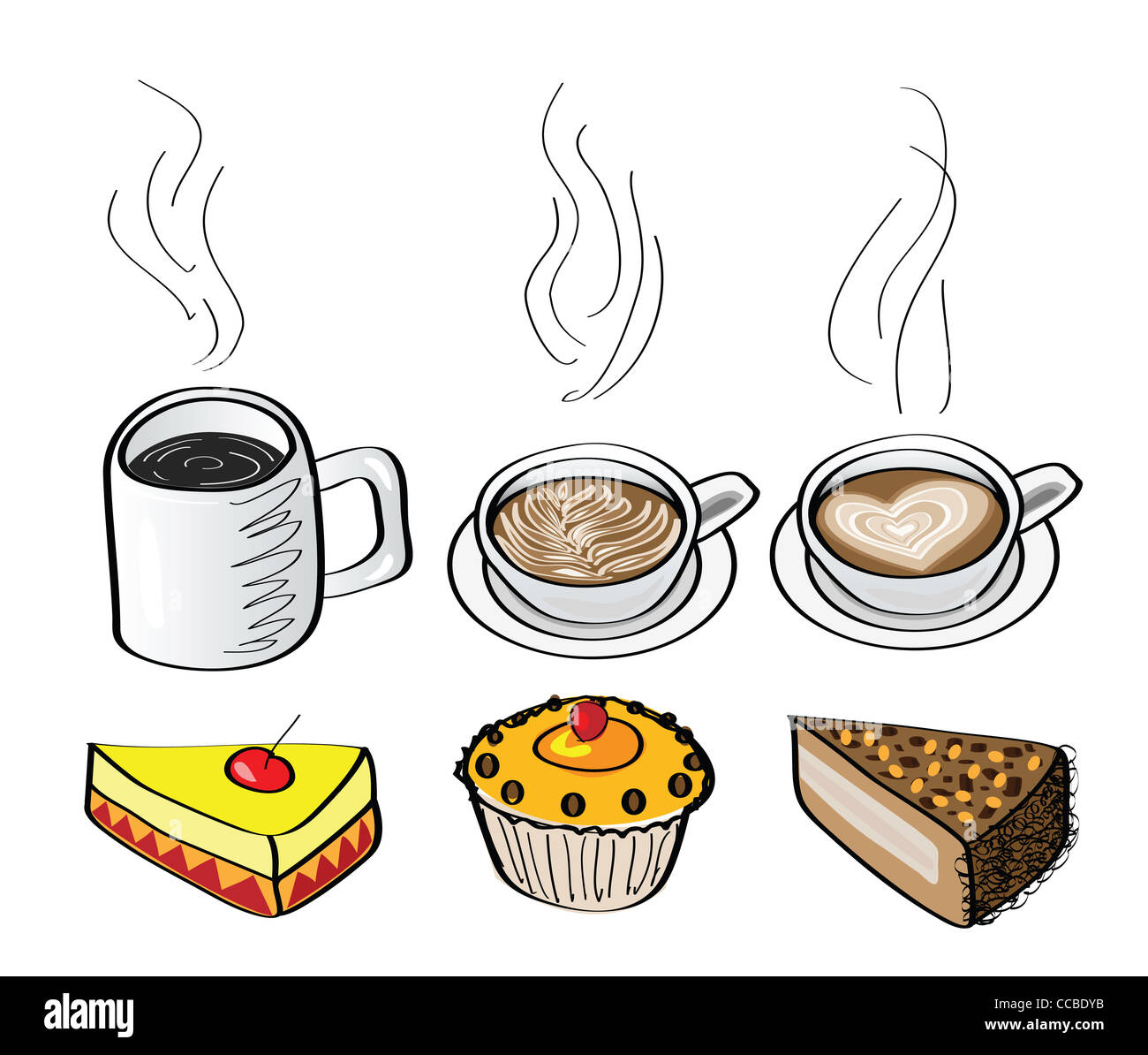doodle vector illustrations of coffee and cakes Stock Photo - Alamy