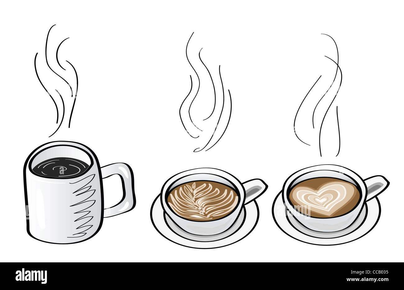 doodle illustrations of coffee drink, black coffee, cappuccino and latte Stock Photo - Alamy